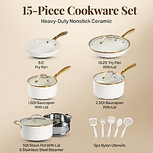 Gotham Steel 15 Pc Ceramic Pots and Pans Set Non Stick, Kitchen Cookware Sets, Pot and Pan Set, Ceramic Cookware Set, Non Toxic Cookware Set, Non Stick Pots and Pan Set Dishwasher Safe, Cream White