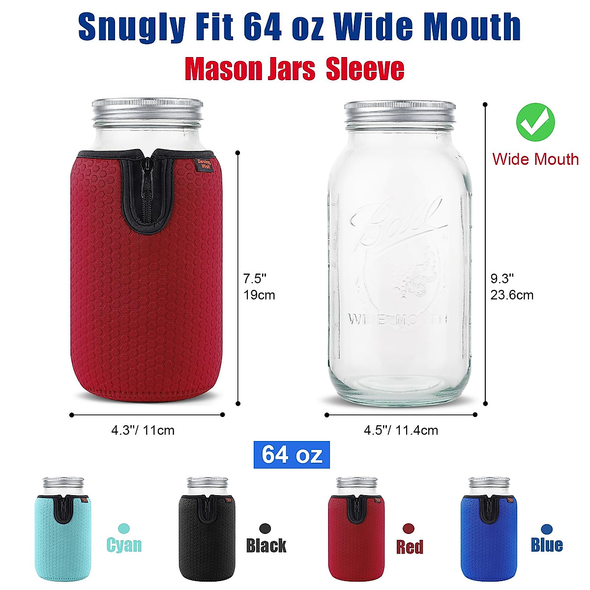Desing Wish 64 oz Wide Mouth Mason Jar Neoprene Sleeve, 64oz Non-slip Cozy Insulated Glass Jars Protector Holder Sleeves 4.3 x 7.5 Inches - 4 Pack (Black/Red/Blue/Cyan)