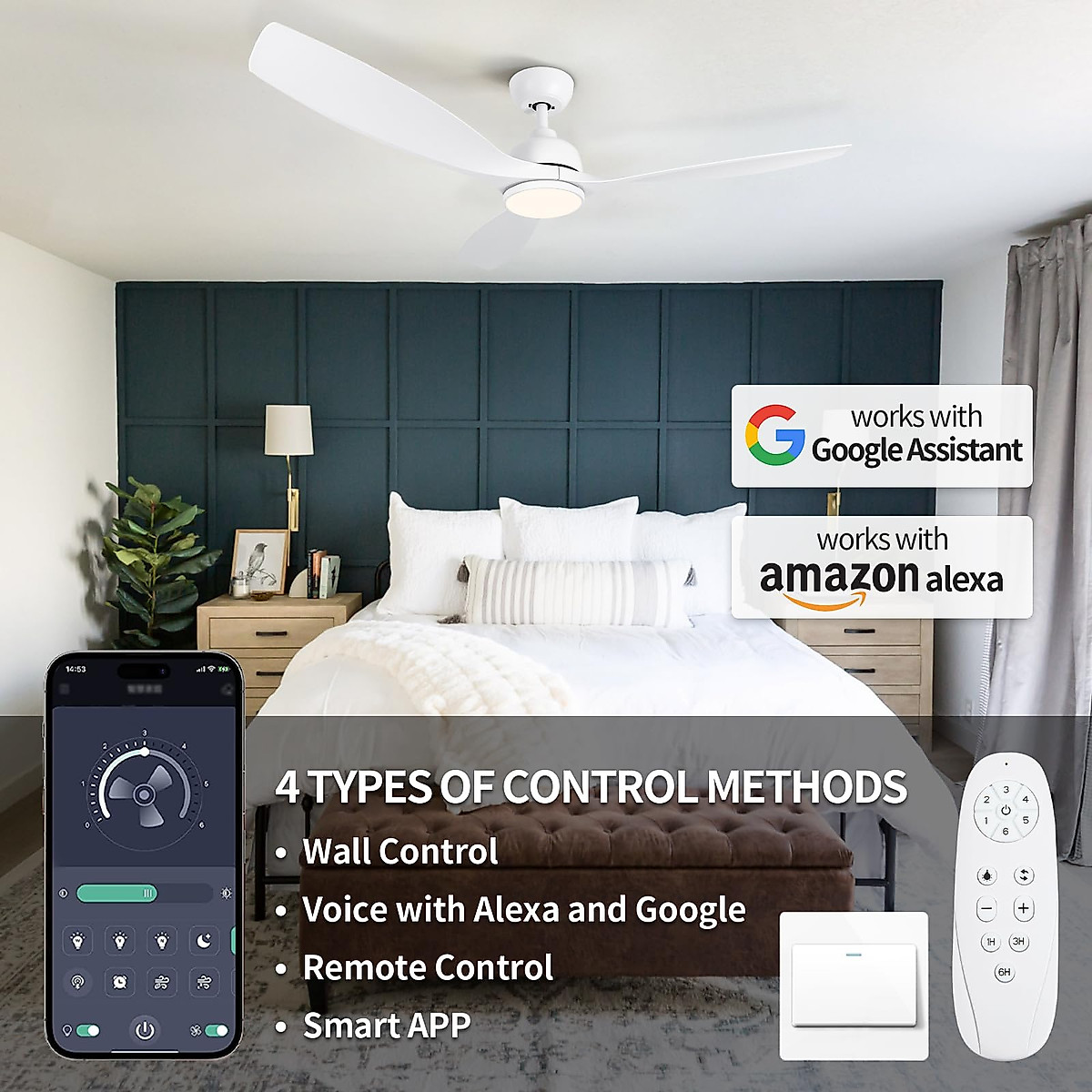 SODSEA 52 Inch Ceiling Fan with Lights, white Modern Ceiling Fan with Remote/APP Control Dimmable 3-Color Temperature,2 Rods, ceiling fan with lights remote control.for Indoor/Outdoor…