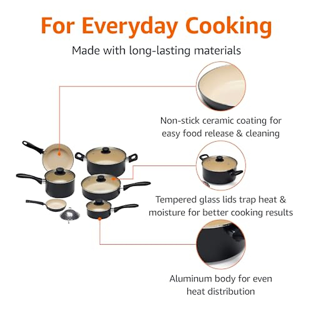 Amazon Basics 11-Piece Ceramic Non-Stick Pots and Pans Set, Dishwasher & Oven Safe, Non-Toxic, Easy Clean, Black/Cream