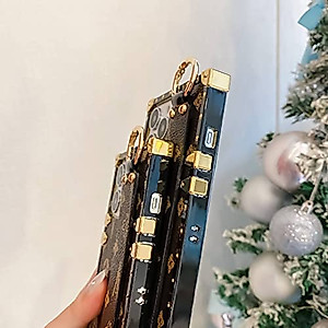 TRODINO Square Leather iPhone 14 Pro Max Case with Wristband Strap, Luxury Designer Trunk Box Phone Case for Women Girls, Hand Holder Ring Kickstand Shockproof Protective Bumper Case 6.7” (Brown)