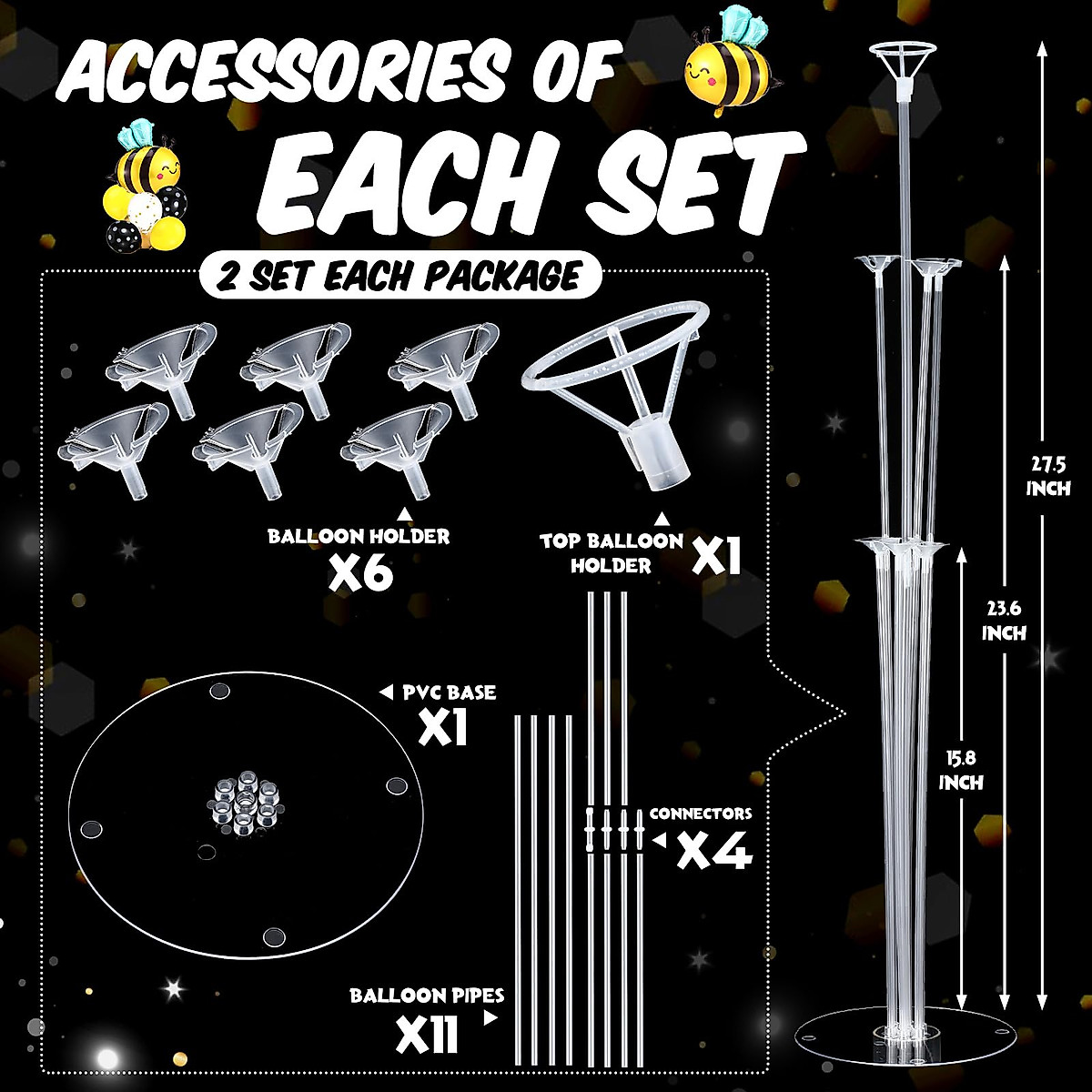 JellyArch 2 Sets Bee Theme Birthday Supplies Table Centerpiece Balloons Stand Kit with Honey Bee Foil Balloons and Latex Balloons for Honeybee Baby Shower Decorations Bee Themed Birthday Supplies