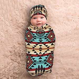 Native Southwest Aztec Navajo Newborn Swaddle Blanket Beanie Hat Sets Soft Stretchy Swaddling Sleep Sack Receiving Blanket Nursery Gift Photography Props for Baby Boy and Girl 0-6 Months (D, Color)