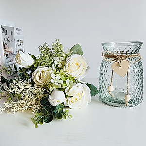 LADADA Fake Flowers with Vase, Silk Roses Artificial Flowers in Vase, Suitable for Wedding, Party, Home Decor.（Ivory）