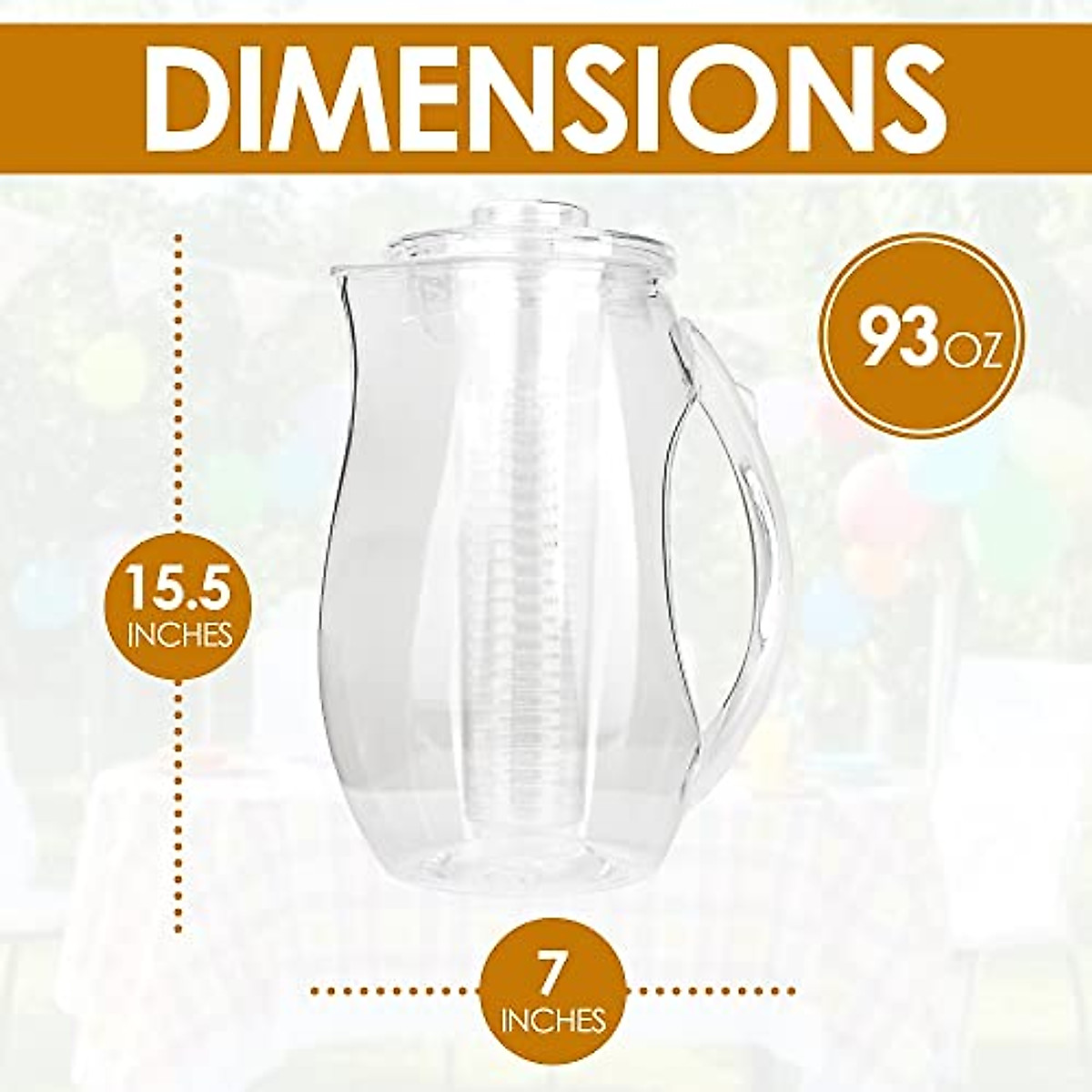 Acrylic Water Infuser Pitcher, Beverage Storage Container with Lid, Ideal for Iced Tea and Fruit Infused Beverages (2.9qt, 93oz, Clear)