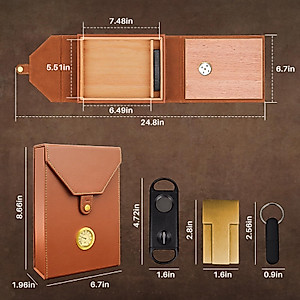 Premium Leather Cigar Humidor Set - Cedar Wood Liner, with Gold Cigar Holder, Embedded Gold Hygrometer, V Cigar Cutter & Punch, Humidifier, Precious Travel Cigar Case for Birthday Gift, Festival