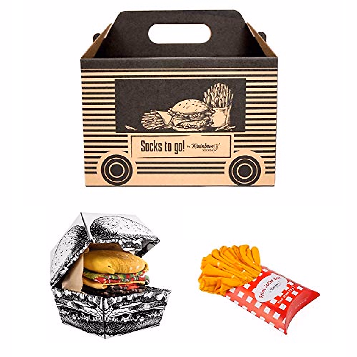 Rainbow Socks - Men Women Funny - 4 Pairs - Burger Fries - Size US 5.5-9