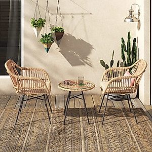 Barton 3pcs Outdoor Bistro Chat Set Patio Conversation Wicker Chairs Glass Table with Seat Cushions, Beige