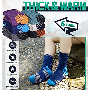 Kids Hiking Walking Socks, Boys Girls Toddlers Merino Wool Warm Socks,Wicking Cushion Crew Socks (6 Pairs B, 4-8 Years)
