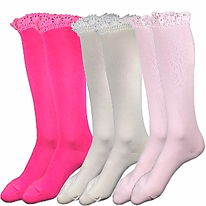 juDanzy Baby and Girls Knee High Lace Top Socks (6-10 Years, Hot Pink, Cream, and Light Pink)