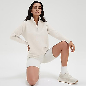 DEEP SELF Women's Pullover Sweaters 1/4 Zip Long Sleeve V Neck Stand Collared Casual Fall Sweater (Solid White, Small)