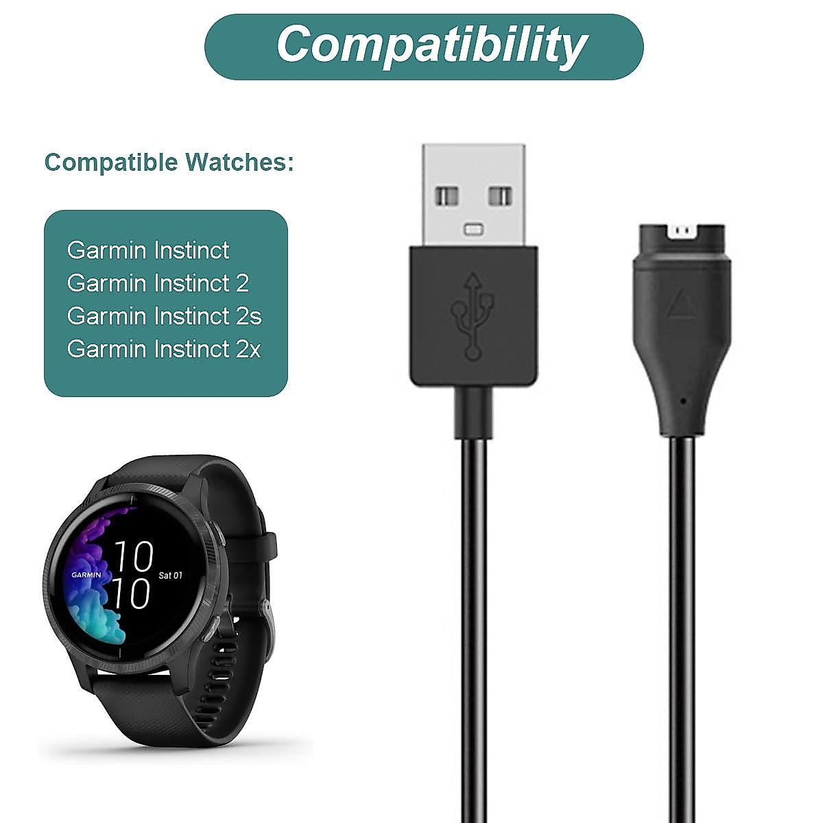 Kissmart Charger for Garmin Instinct, Instinct 2, Instinct 2S, Instinct 2X, Replacement Charging Cable Cord Plus a Black Silicone Charger Port Protector Anti Dust Plug (2 Pack)