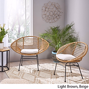 Christopher Knight Home Aleah Indoor Woven Faux Rattan Chairs with Cushions (Set of 2), Light Brown and Beige Finish