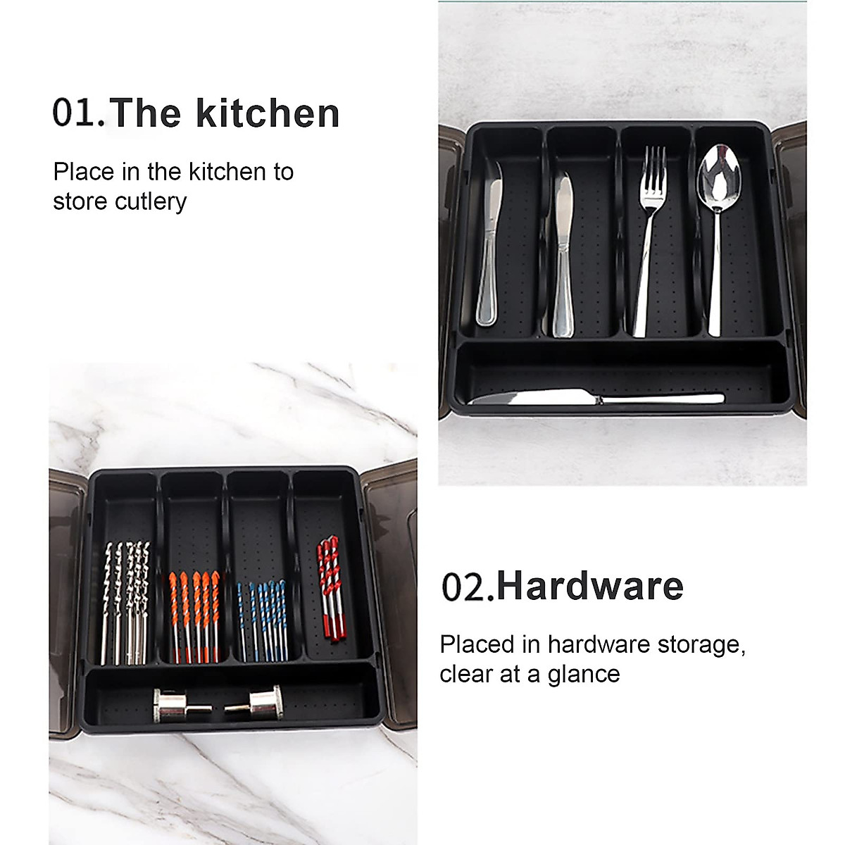 RNCOZE Utensil Holder for Countertop with Lid, 5 Compartments Flatware Organizer, Portable Flip Cover Silverware Organizer Storage Case, Plastic Silverware Tray for Drawer Countertop