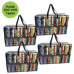 Evelots 4 Pack-VHS Movie Tape Storage Bag/Case, Clear PVC Plastic-Holds 200 Total, Strong Handles-No Dirt/Moisture/Dust