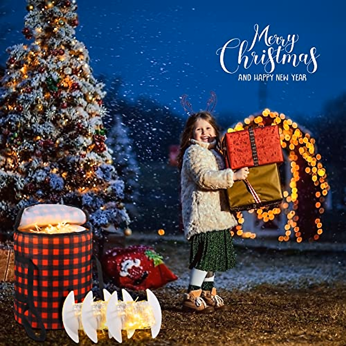 4 Pcs Light Storage Bag Buffalo Plaid Thickened Light Storage Bag with 3 Pcs Cardboard Wraps, Large Light Bulb Storage Bag with Zippered Closure for Holiday Festival (Red Buffalo Plaid)