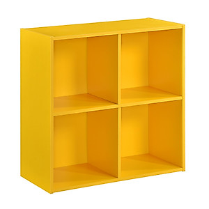 Kings Brand Furniture George Bookcase Cubby Storage Organizer - Square Shelves Cube Storage - 4 Cube Storage Organizer - Cube Organizer Wood Shelf for Bedroom - Nursery - School - Yellow Finish