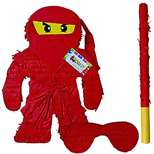 APINATA4U Red Ninja Pinata Kit (17.5x12.2x3.5 Inch) - Elevate Ninja Party Excitement with Complete Supplies, Themed Birthday Fun, Photo Prop, Decorations, Includes Stick and Mask!