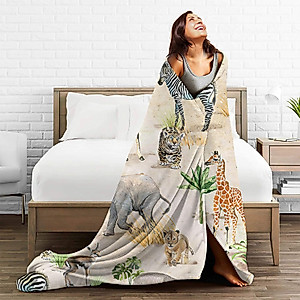 Zoo Animals Blanket African Safari Animals Elephant Tiger Giraffe Zebra Rhinoceros Decor Throw Blanket Gifts for Girls Boys Women Super Warm Soft Plush Fleece Flannel Blanket for Kids Adults 50"X40"