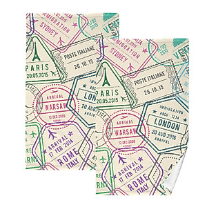 Vnurnrn Travel Stamps Visa Bath Towels Set of 2 Soft Hand Towels Face Towels Spa Towels for Spa Hand Shower Beach Gym Face, 16x28in