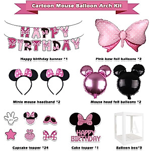Pink Mouse Birthday Party Supplies - Pink Mouse Balloon Garland Arch Kit for Cartoon Mouse Theme Birthday Party Decorations for Girl, Pink Bow Foil Balloons and Banners for Baby Shower Party Supplies