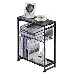 Small Side Table for Small Spaces - Slim End Table with Magazine Holder - 2 in 1 Design Narrow End Table Living Room - Skinny Bedside Table Nightstand Bedroom Thin Side Table (Grey)