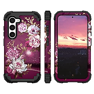 Hocase for Galaxy S23 Case, Shockproof Heavy Duty Protection Soft Silicone Rubber Bumper+Hard Plastic Hybrid Protective Case for Samsung Galaxy S23 (6.1" Display) 2023 - Royal Purple Flowers