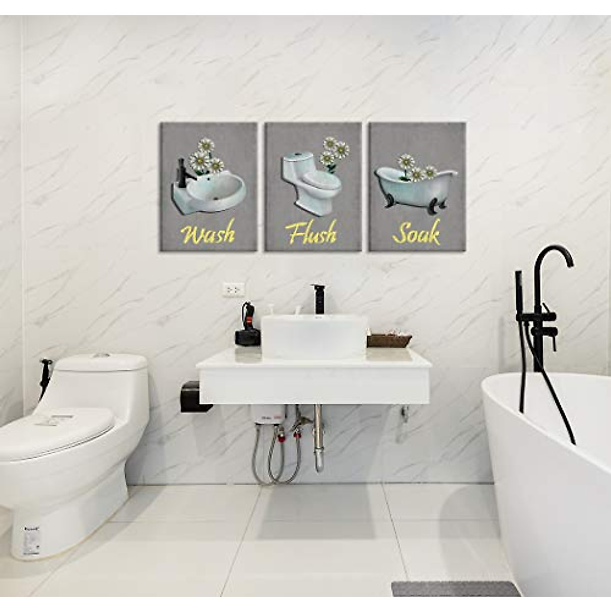 Zlove 3 Pieces Bathroom Canvas Wall Art Wash Flush Soak Bath Tub Toilet Sink with Daisy Flower Picture Print Decoration Stretched and Framed Ready To Hang 12x16inchx3pcs