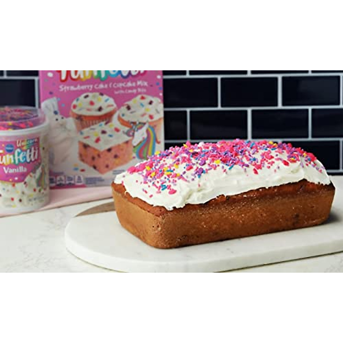 Pillsbury Funfetti Unicorn Strawberry Cake & Cupcake Mix and Unicorn Vanilla Frosting with By The Cup Frosting Spreader