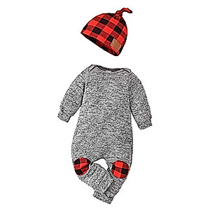 Newborn Baby Boys Girls Buffalo Plaid Christmas Outfits Romper Infant One Piece Christmas Clothes Jumpsuit with Hat Grey