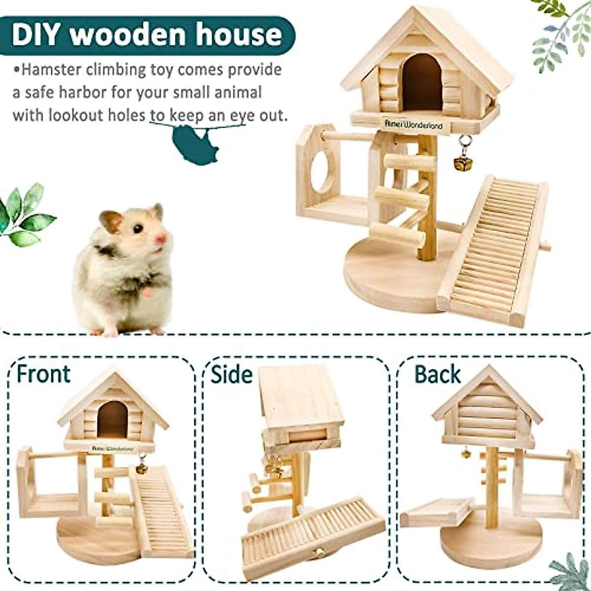 Hamiledyi Natural Dwarf Hamster House Double Decker Wooden Castle Small Animal Hideout Huts with Stair DIY Pet Living Playground Climbing Ladder Slide Training Play Toys for Syrian Mice Rats