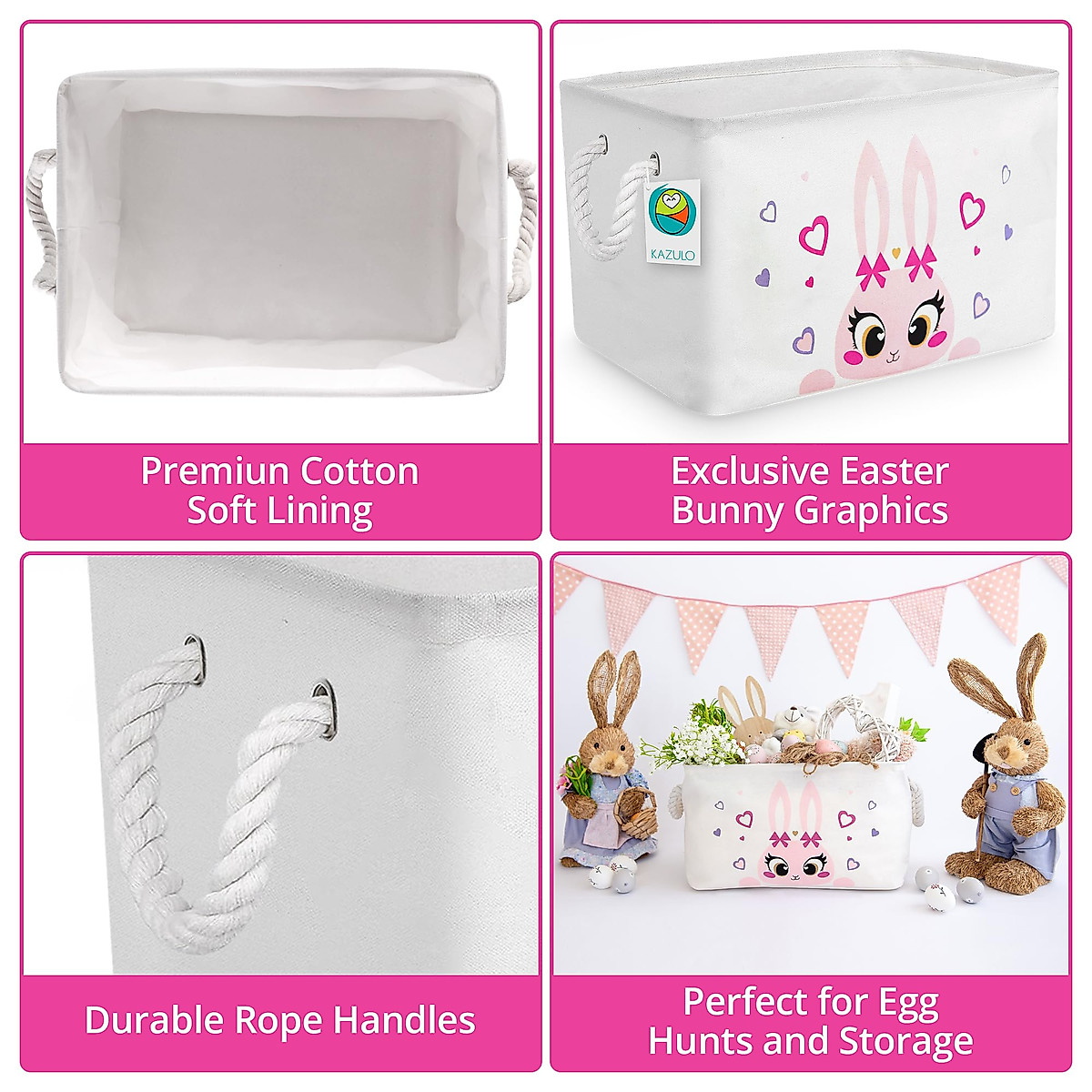 Kazulo Pink Bunny Easter Basket For kids, Rectangle Rabbit Basket, Easter Basket for Girls, Egg Hunt Bag For Boys and Girls,, Kids Easter Basket, Bunny Basket (Pink Bunny)
