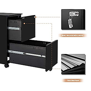Bonnlo Black 2 Drawer File Cabinet With Lock, Rolling File Cabinet for Home Office, Mobile File Cabinet Under Desk Office Drawers Fully Extension File Cabinet with Pencil Tray, 15.4"W×17.7"D×26.0"H