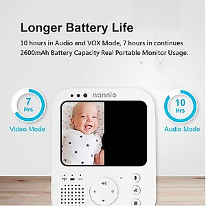 nannio Hero3 Video Baby Monitor with Night Light Vibration Assistant, 3.5" Display, Auto Night Vision, 2 Way Audio Talk, Voice Activated, Temperature Sensor and Lullabies, no WiFi, 2 Years Warranty