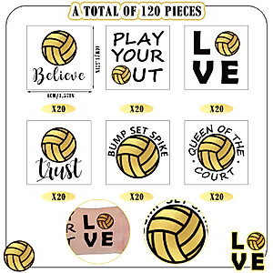 WILLBOND 120 Pcs Volleyball Temporary Tattoos for Team Volleyball Team Gift Sports Face Tattoos Waterproof Body Stickers Gold Tattoo for Fans Team Party Favor Supplies, 6 Styles
