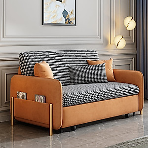 53.5" Full Sleeper Sofa Orange Upholstered Convertible Sofa Bed 3 in 1 Sleeper Sofa Couch Bed, Small Tufted Velvet Convertible Loveseat Futon Sofa w/Pullout Bed, Multi-Pockets for Living Room