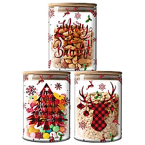Christmas Plaid Glass Storage Jars Set with Airtight Bamboo Lids - Clear Christmas Home Decor
