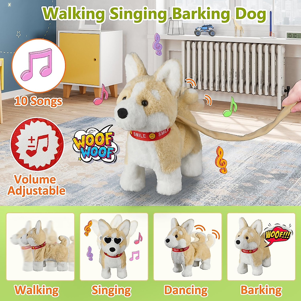 HCdoujoy Corgi Walking Dog Barking Toy, Musical Singing Dancing Dog, Volume Control Interactive Puppy Walk Along with Leash, Wagging Tail Shaking Head, Electronic Dog Stuffed Animal Puppy for Kid