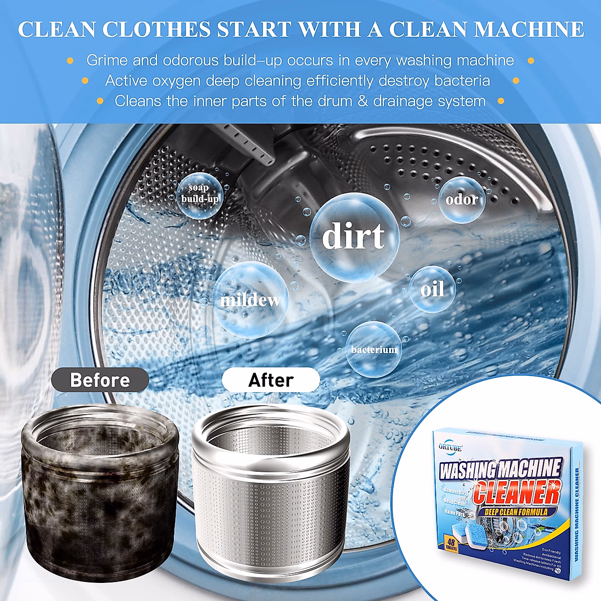 ORTUBE 48 Pack Washing Machine Cleaner - Deep Cleaning Formula Tablets for Front and Top Loader Washer Machines