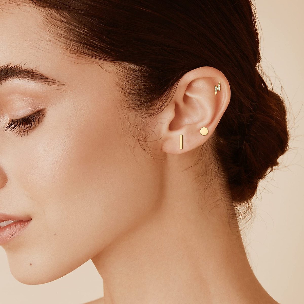 JIAYIQI 2 Pairs 14K Gold Plated Stud Earrings for Women Hypoallergenic 925 Sterling Silver Bar Dot Stud Earrings Small Gold Stud Earring Set Cartilage Earrings