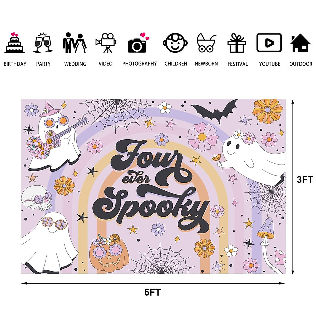 Lofaris Halloween Four Ever Spooky First Birthday Party Backdrop Girls 4st Birthday Background Groovy Halloween Boo Princess 4 Years Old Birthday Party Supplies 5x3ft
