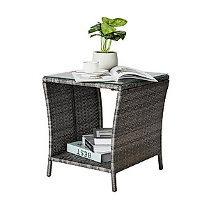 HEPMIMZHU Outdoor Patio Wicker Side Table, Square End Table Bistro Coffee Table with Glass Top Storage Shelf for Porch Garden Backyard Rattan End Table Furniture with Storage (Light Grey)