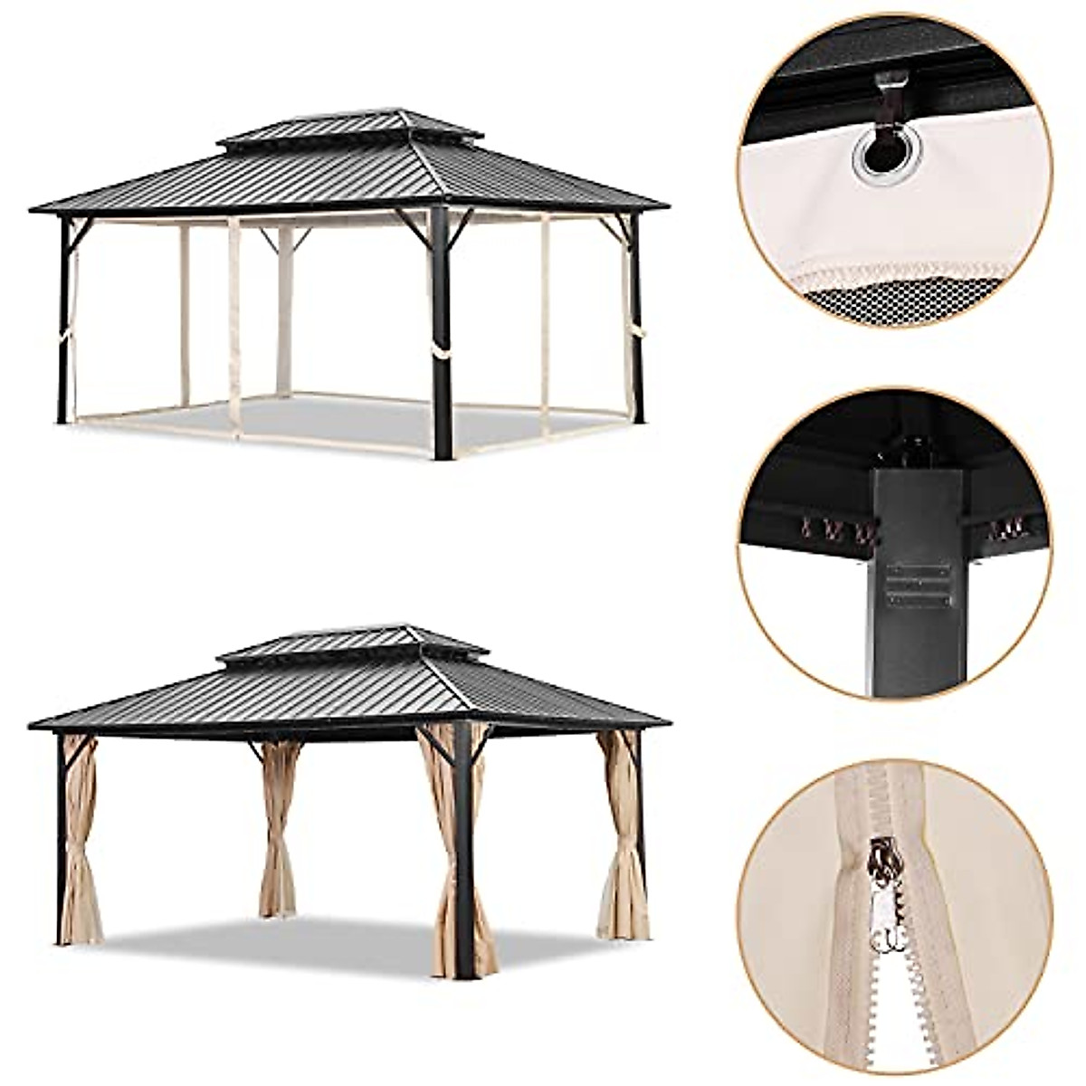 Leisurelife 10'x12' Galvanized Steel Double Roof Hardtop Gazebo with Nettings for Patio Outdoor Backyard Garden or Grill, Heavy Duty Canopy Tent, Aluminum Frame