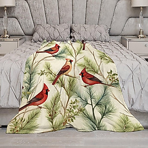 Blanket Red Birds Pine Cones Berry Winter Holiday Soft Blankets and Throws for Sofa Cardinal Bird Pattern Luxurious Warm and Cozy for Home Bed Couch for Girls Birthday Valentines Gifts 40"x50"