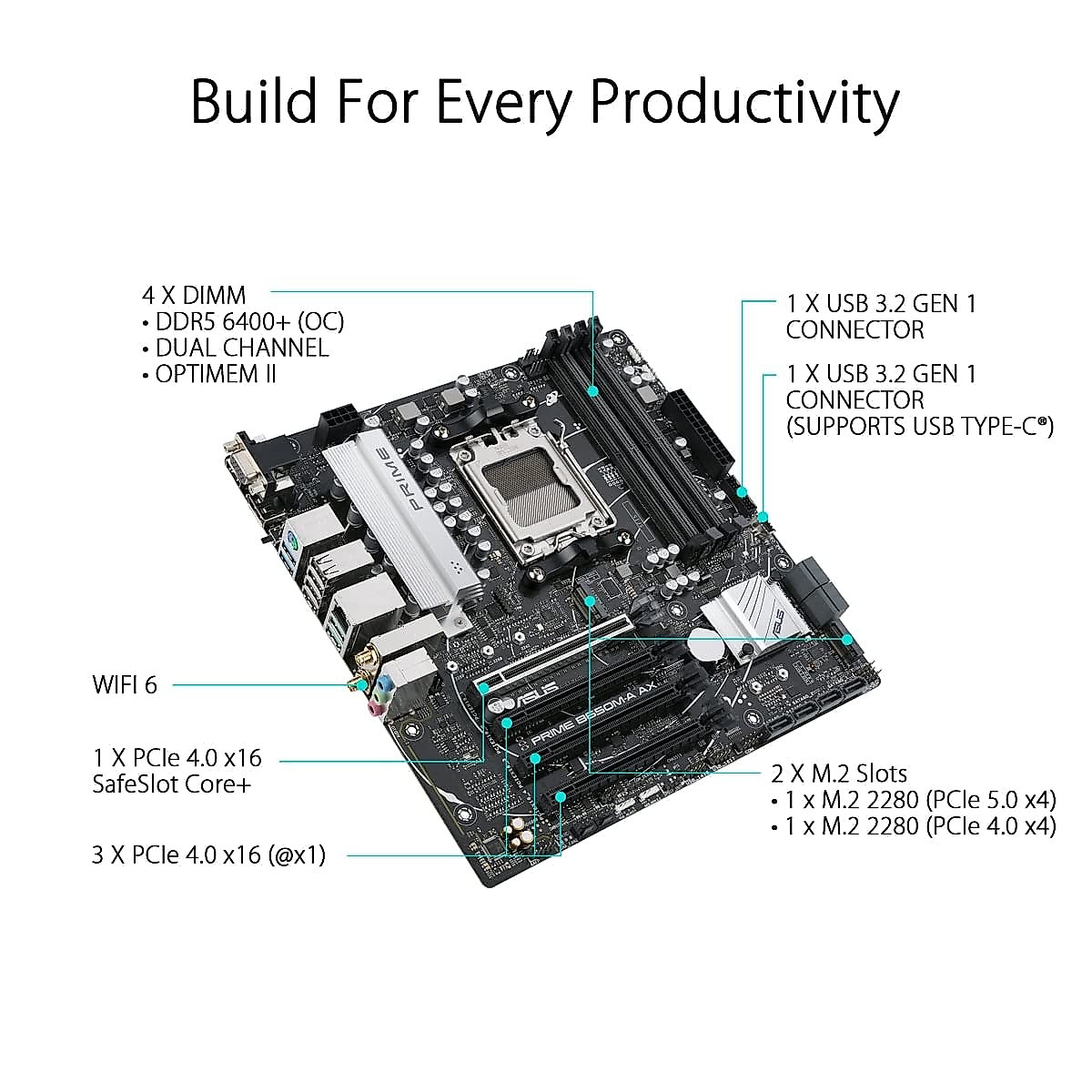 ASUS Prime B650M-A AX AMD B650(Ryzen 7000) Micro-ATX Motherboard(DDR5,PCIe 5.0 M.2,2.5Gb LAN,Wi-Fi 6, DP,USB 3.2 Gen 2 Ports,Front USB 3.2 Gen 1 Type-C®, BIOS Flashback™, CEC Tier II Ready)