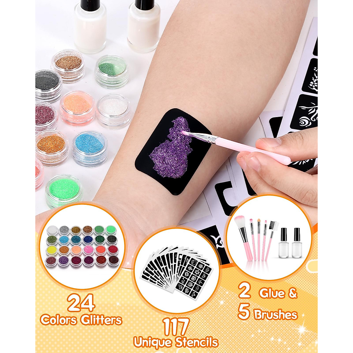 Lictin Glitter Tattoo Set - 24pcs Cosmetic Glitter Tattoo Set Tattoo Stencils Glitter Tattoos Temporary Tattoo Template Set with 117 Stencils, 2 Glue, 5 Brushes