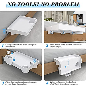 Ronlap Folding Bedside Shelf, Bunk Bed Shelf Organizer for Top Bunk Clip On Nightstand for Loft Bed Plastic Bedside Shelf Tray for Kids with Cupholder Hooks Hanging Cup, Plus Size, White