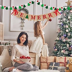 2Pcs Merry Christmas Banner, Be Merry Burlap Banner Felt Ball Christmas Tree Pom Pom Garland Happy Holidays Banner for Mantle Fireplace Christmas Xmas Party Holiday Decorations Home Outdoor Indoor