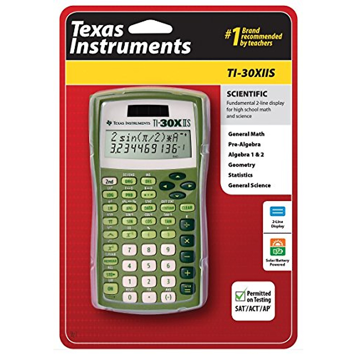 Texas Instruments TI-30X IIS 2-Line Solar/Battery-Powered Scientific Calculator, Lime Green