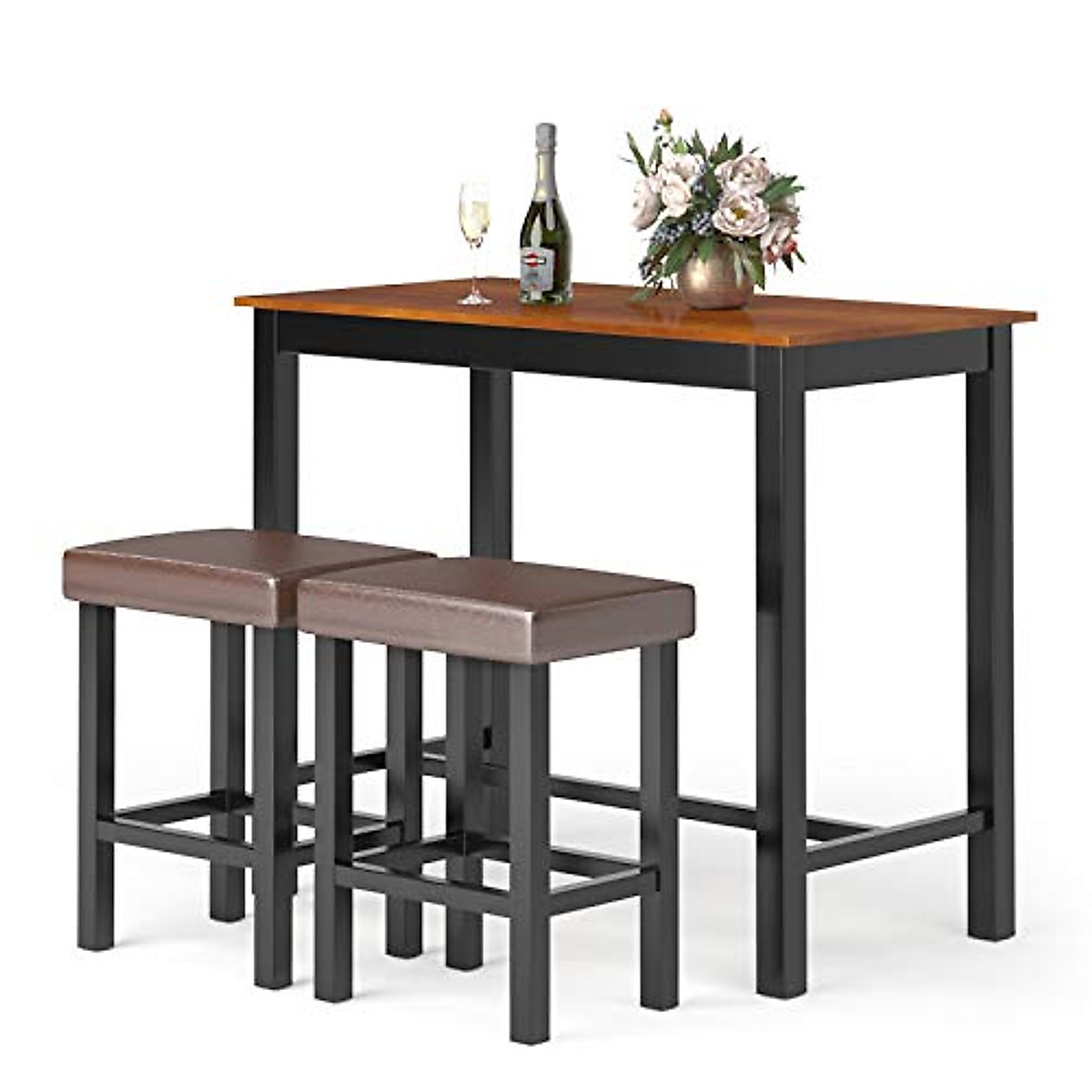 Giantex 3-Piece Pub Dining Table Set, 36 Inch Wood Counter Height Table Set with 2 Upholstered Stools, Rectangular Breakfast Table Set, Bistro Table Set, Kitchen Table Set